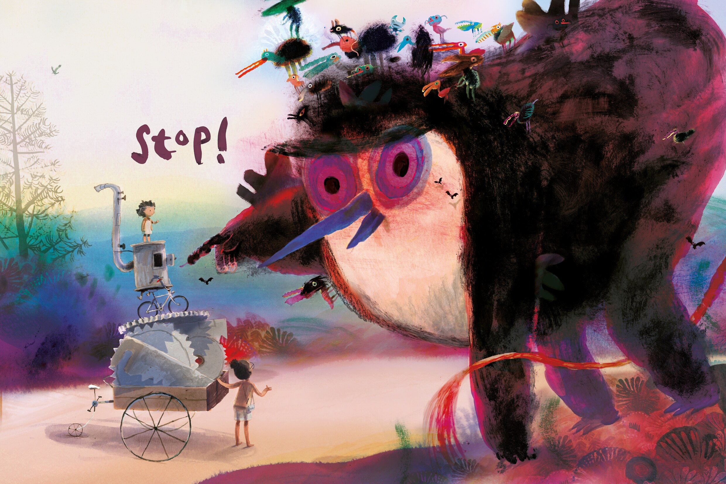 In prentenboek Stop! Monsters! verschijnen monsters in alle kleuren ...